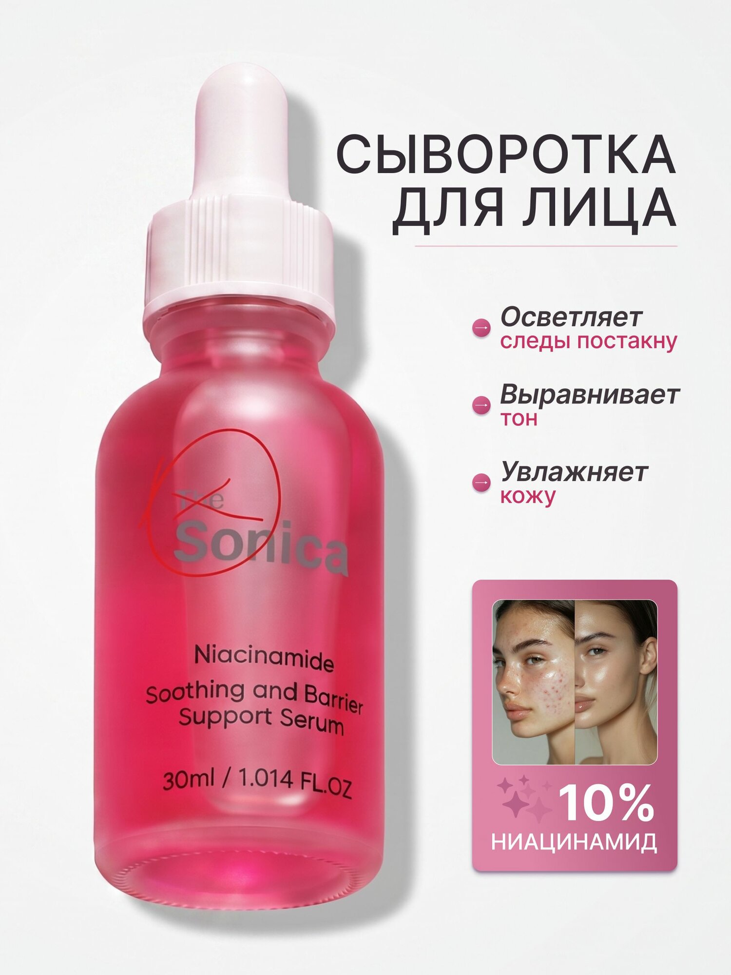 Сыворотка для лица от прыщей с ниацинамидом и гиалуроновой кислотой The Sonica