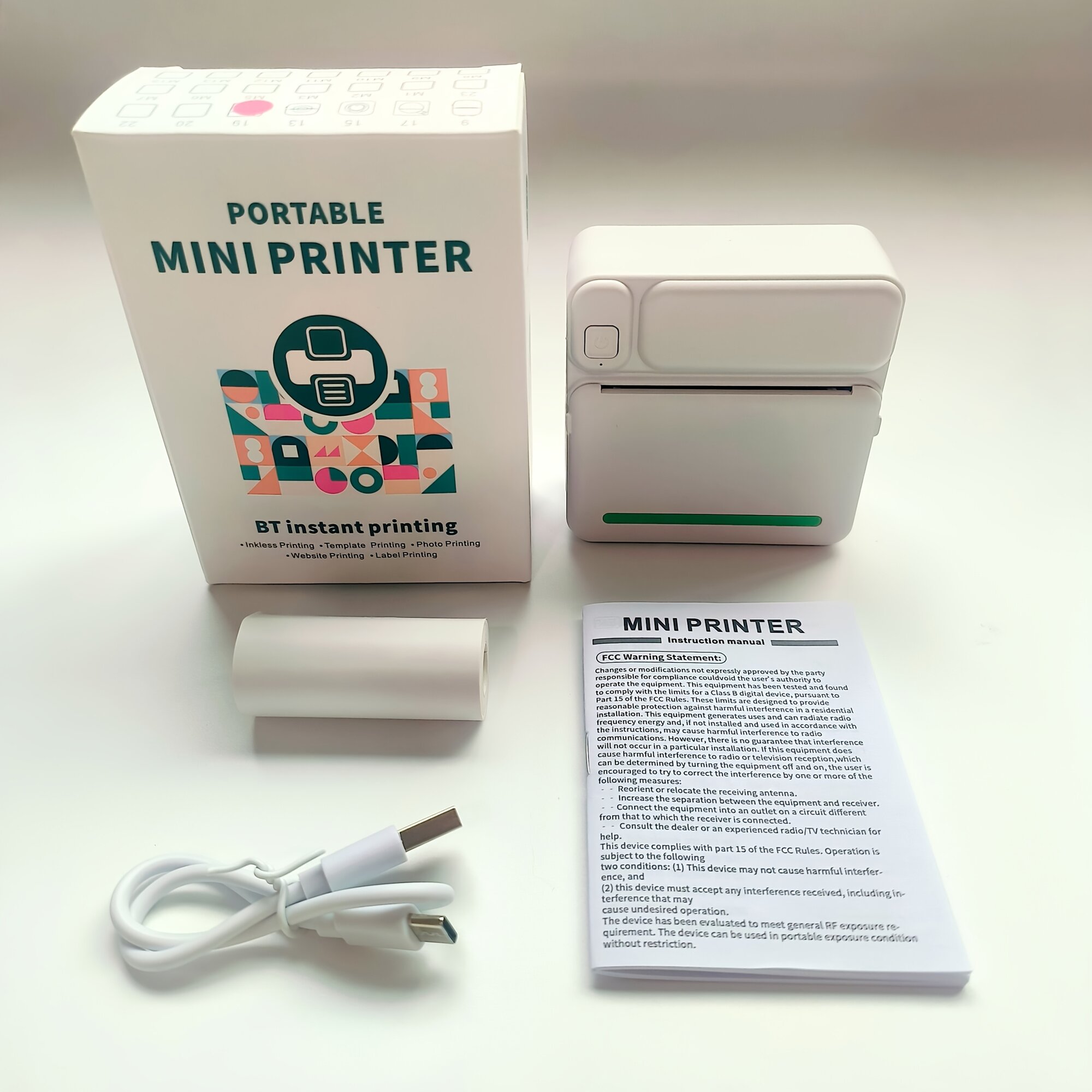 Портативный мини-термопринтер с Bluetooth, 200dpi, USB-зарядка, зеленый цвет, в комплекте 1 рулон термобумаги