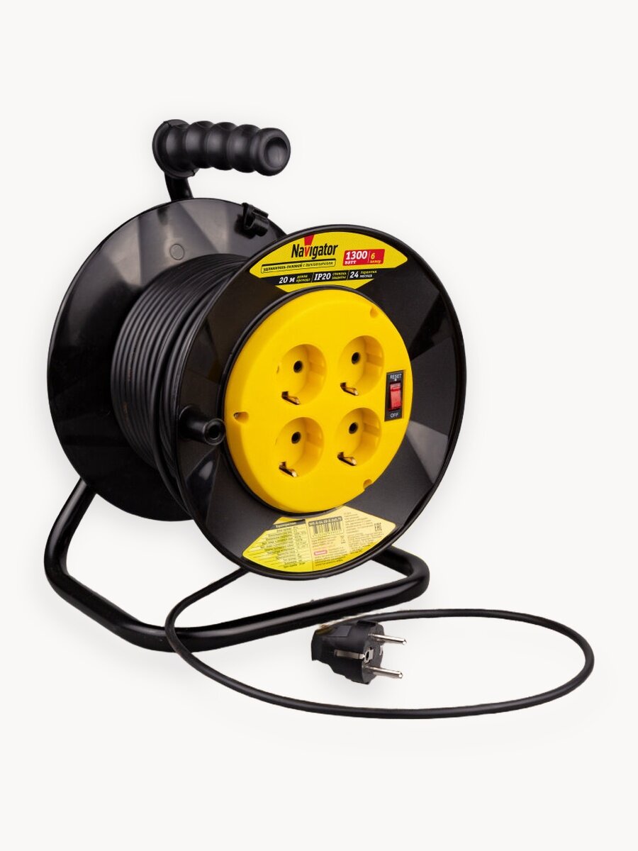 Удлинитель силовой на пластиковой катушке Navigator 93 905 NPE-R с выключателем, 4 розетки, с зазем, 20 м, IP20