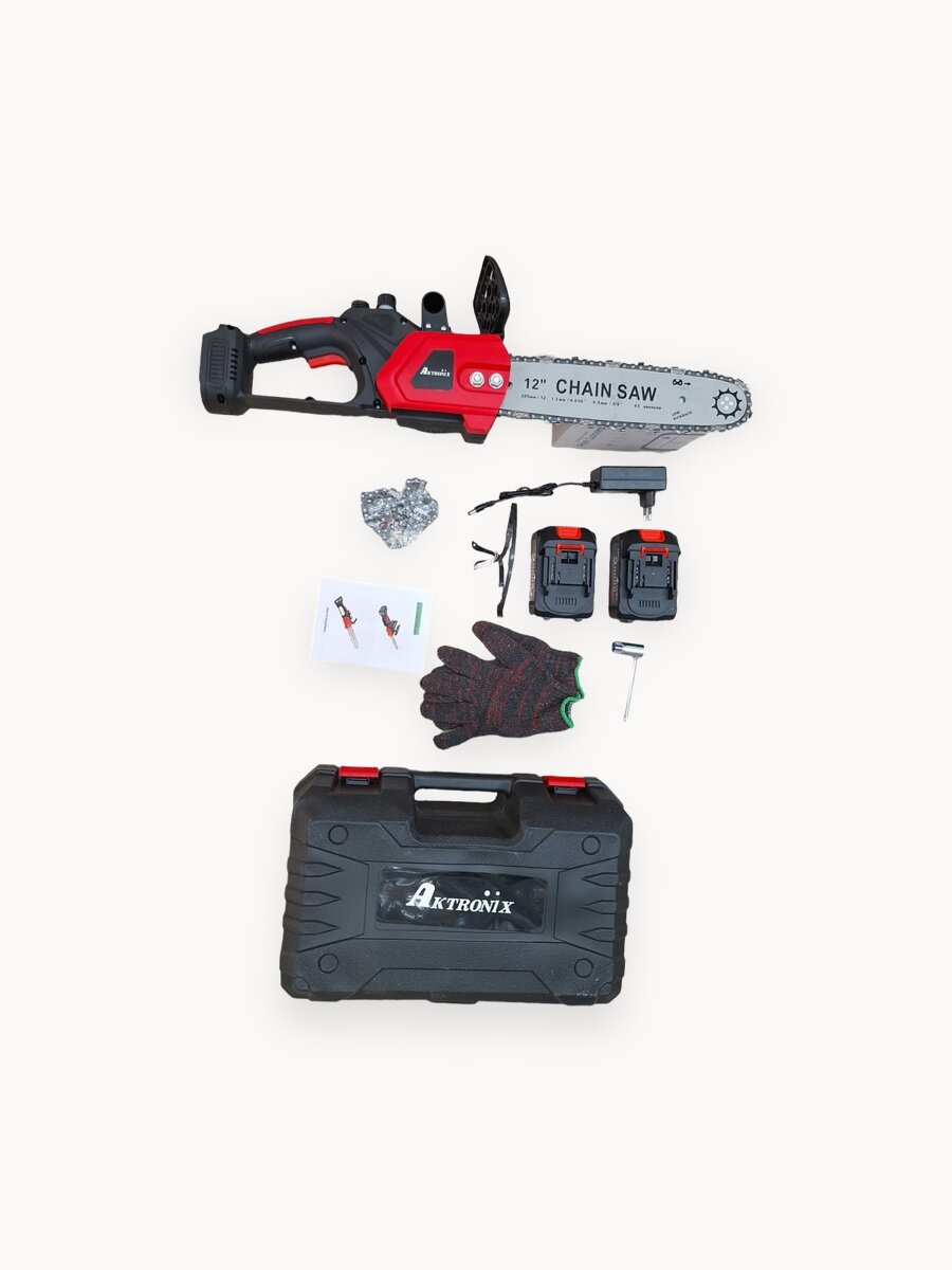 Пила аккумуляторная "цепная" электропила (12 дюймов) 'с масляным насосом' / 48V пила аккумуляторная цепная, 2-е батареи, цепь очки, перчатки, чемоданчик,