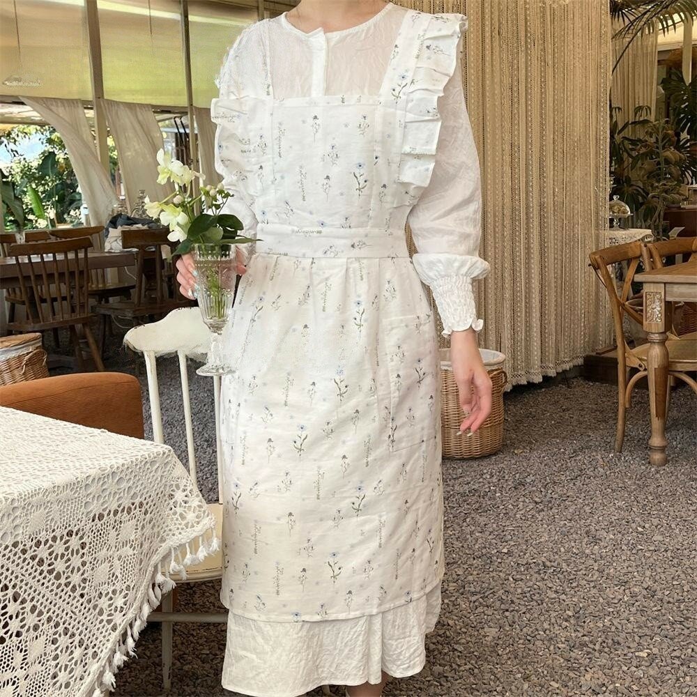 Поварской фартук корейский стиль лен cotton с цветочным узором без рукавов для готовки синий