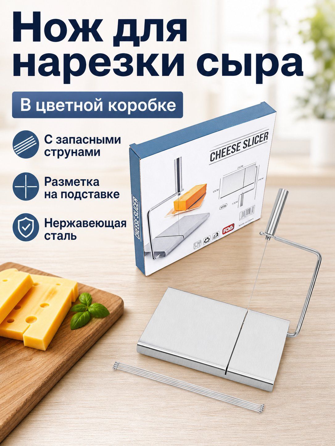 Резак для сыра с делениями, нержавеющая сталь, 1 шт, подходящий для нарезки сыра, брынзы и колбасы