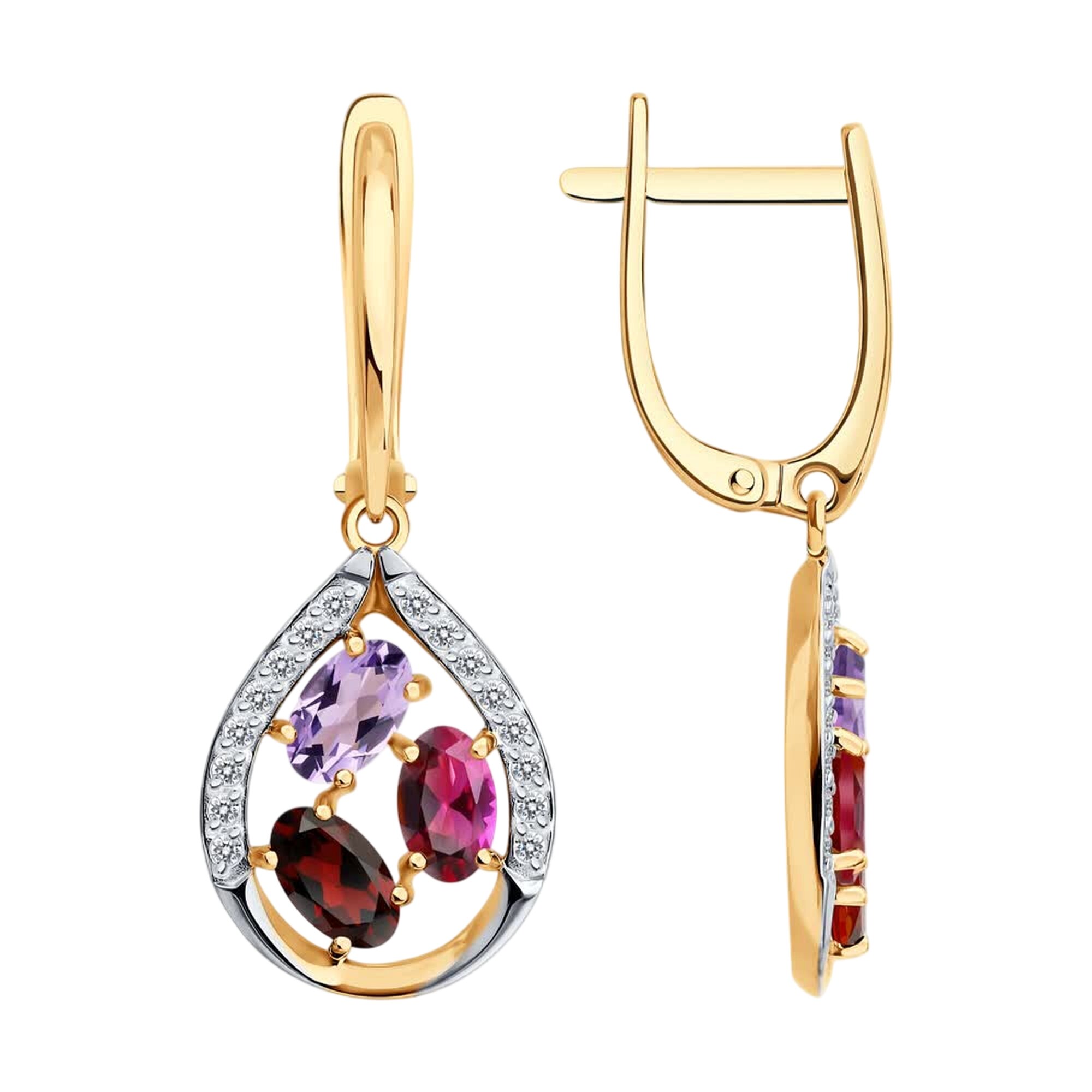 Серьги, красное золото, 585 проба, родолит, гранат, фианит, аметист