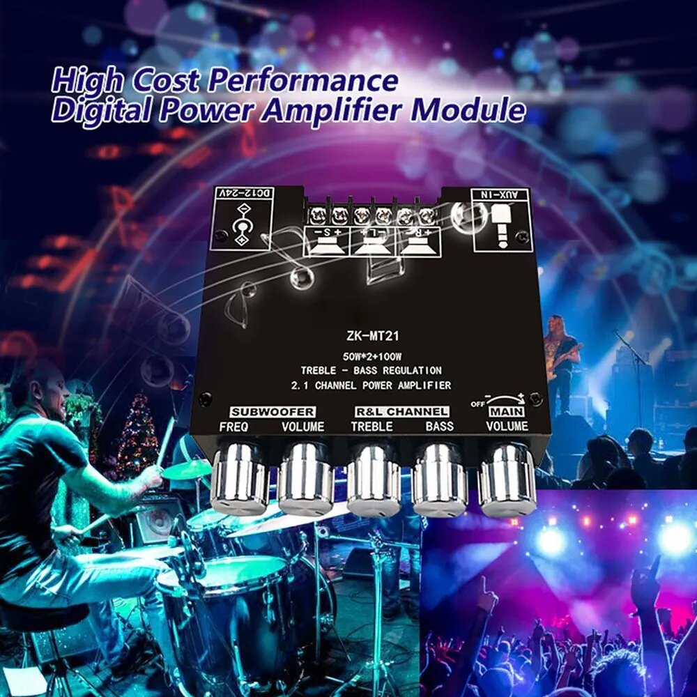 Плата цифрового усилителя ZK-MT21, 2 50 Вт + 100 Вт, стерео, Bluetooth 5.0, 2.1 канала