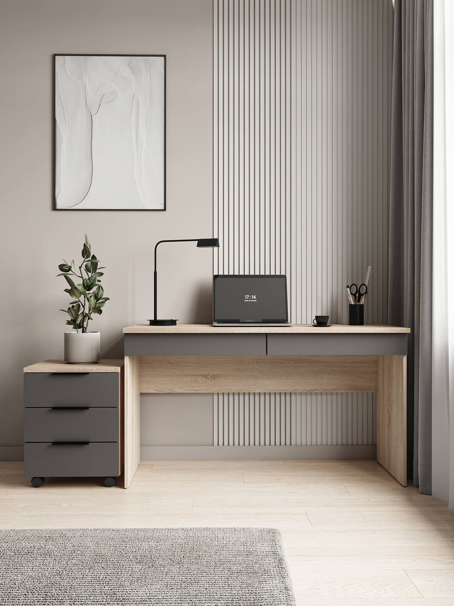 Стол A-A MEBEL Оксфорд письменный компьютерный с ящиками и тумбой на колесиках дуб сонома/графит/серый ЛДСП 135*60*75 см