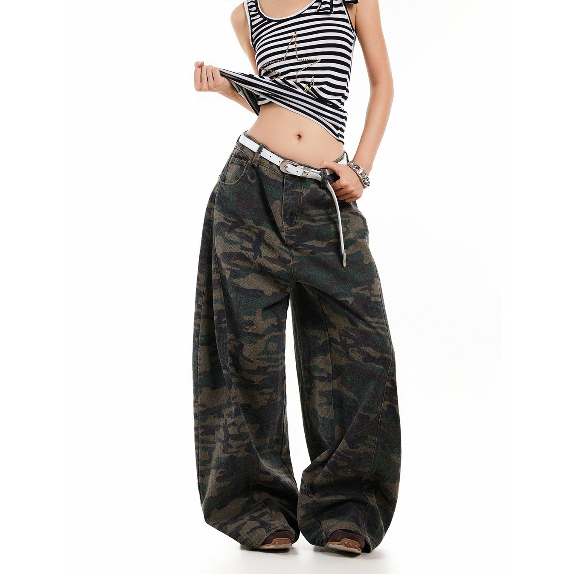 LI Mall Джинсы плюс размер любителей камуфляжа камуфляж карго высоко посадочные полные деним