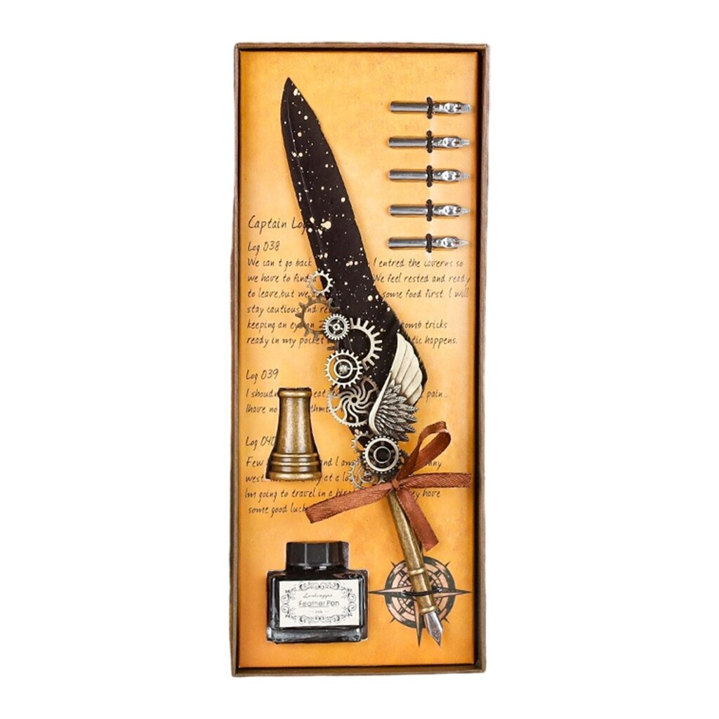 Старинное гусиное перо с чернилами и 5 наконечниками, Набор перьев с металлической гравировкой в стиле Ретро для Начинающих любителей каллиграфии