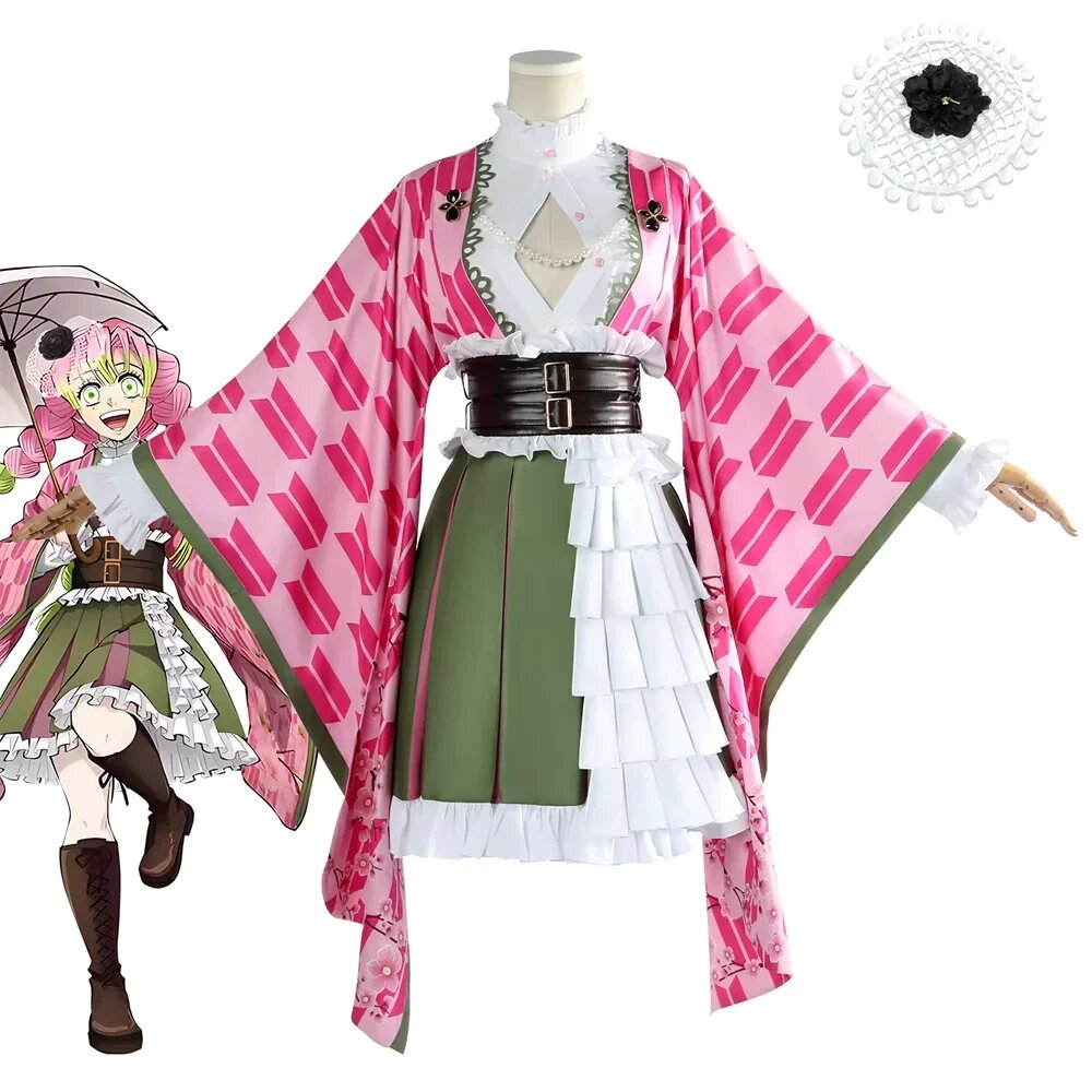 Мицури Косплей Demon Slayer Kimetsu No Yaiba Kanroji Mitsuri Косплей Костюм Женский Хэллоуин Рождественская вечеринка Платье Костюм