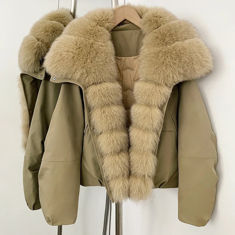 Женский зимний пуховик из лисьего меха, офисный стиль M, Khaki Khaki