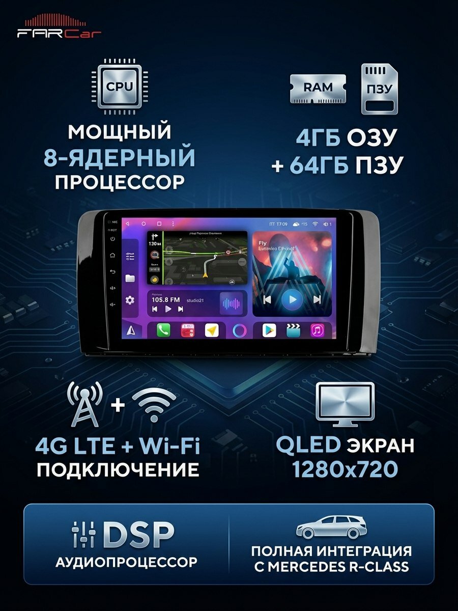 Магнитола Мерседес ML, GL (Mercedes Benz R-Class W251 R280 R300 R320) 2005-2009 на Android 14, WiFi + 4G, CarPlay