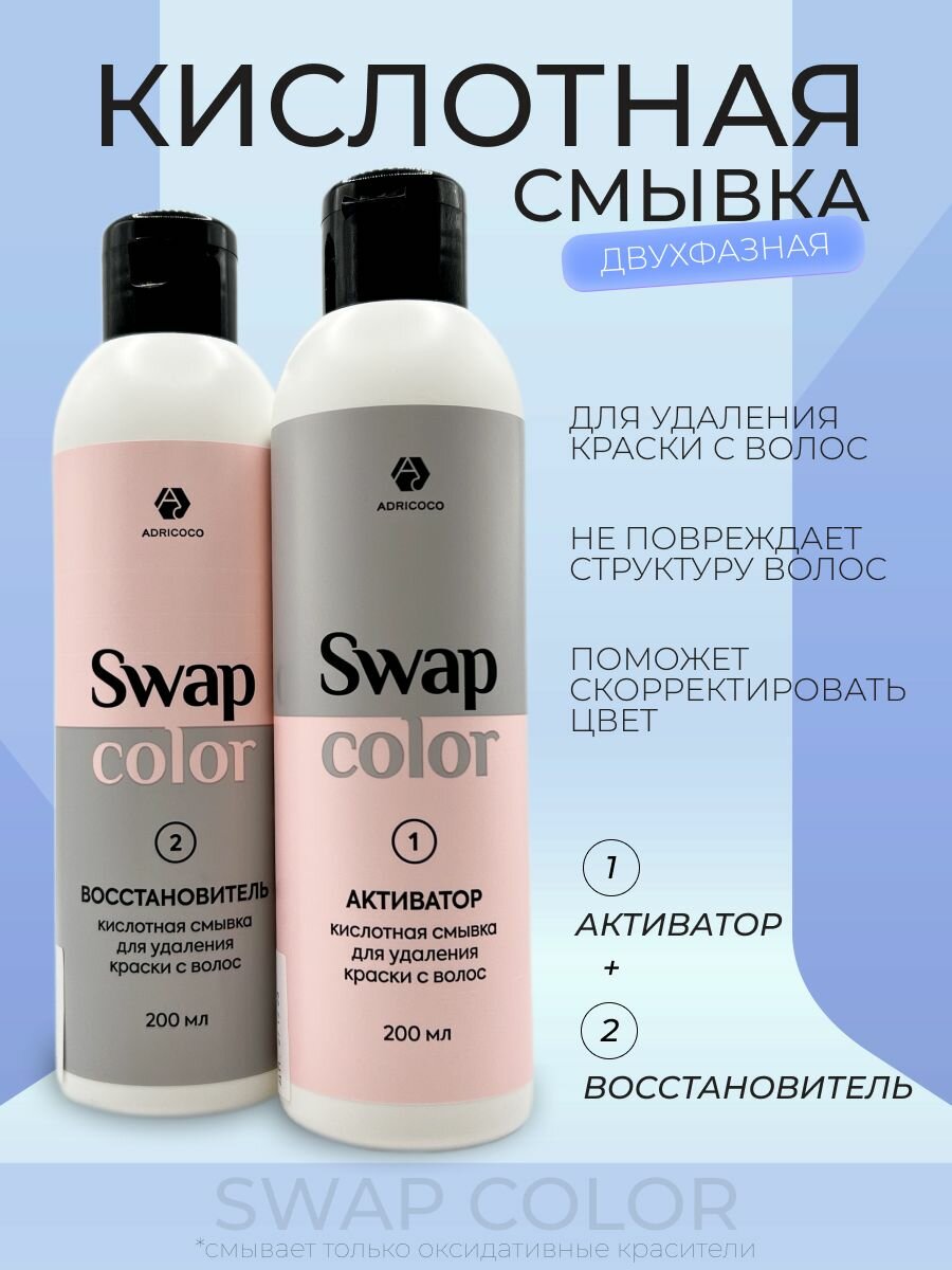 Adricoco, Swap Color - Набор кислотной смывки для удаления краски с волос, 2 шт х 200 мл