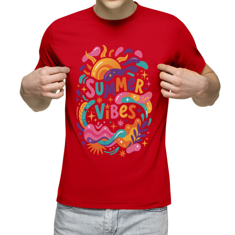 Мужская футболка «с надписью летний вайб абстрактная яркая» (красный, L)
