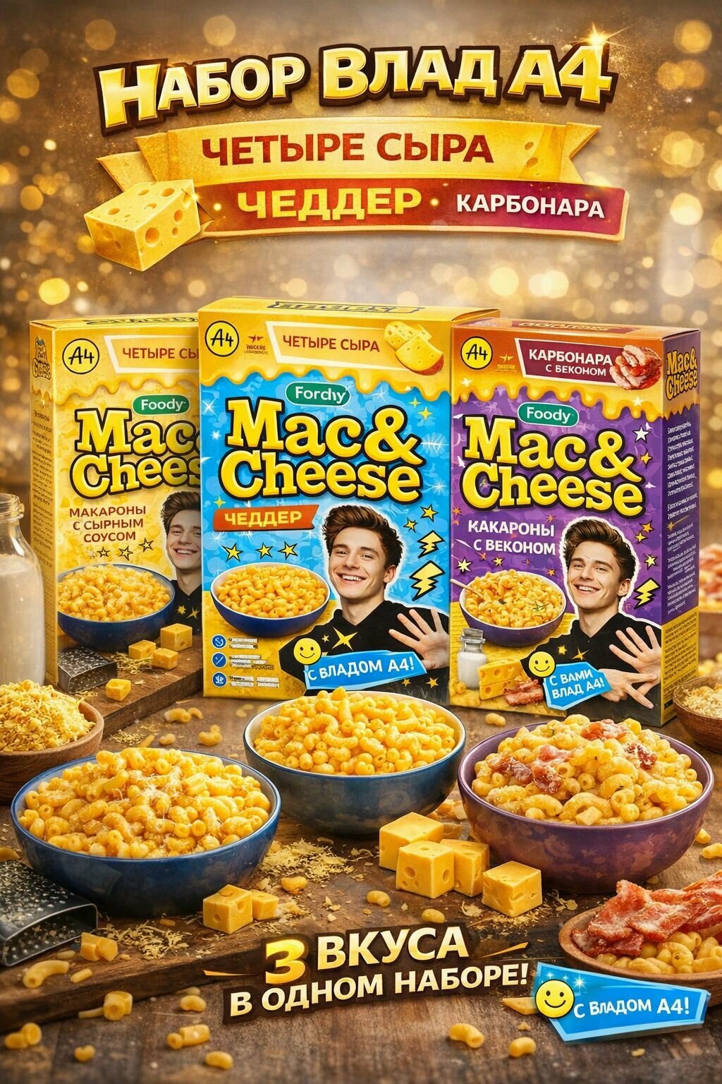 Набор 3 вкуса макарон Влад А4 Mac&Cheese по 143 гр