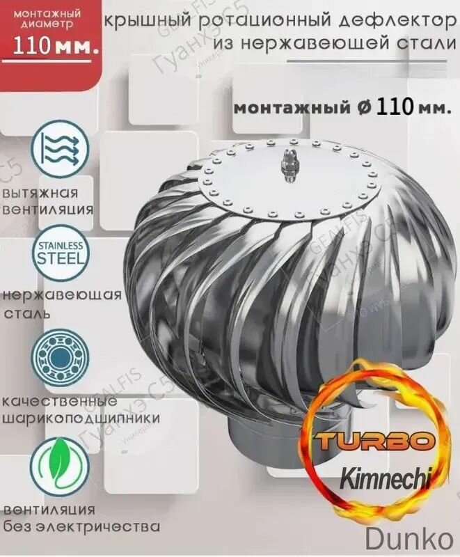 Дефлектор 110 мм для вентиляции, турбо-дефлектор нержавеющая сталь, на трубу 110 мм