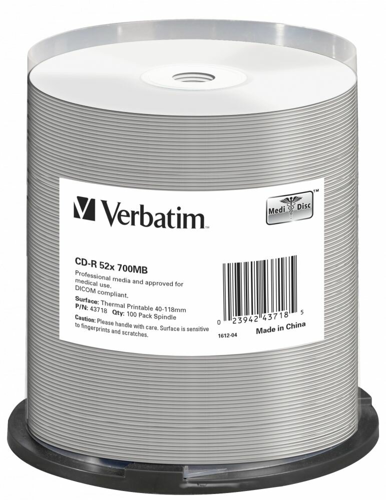 Оптические диски Verbatim CD-R 700 МБ 52X Medi Disc под термопечать Printable No ID 100 шт. на шпинделе