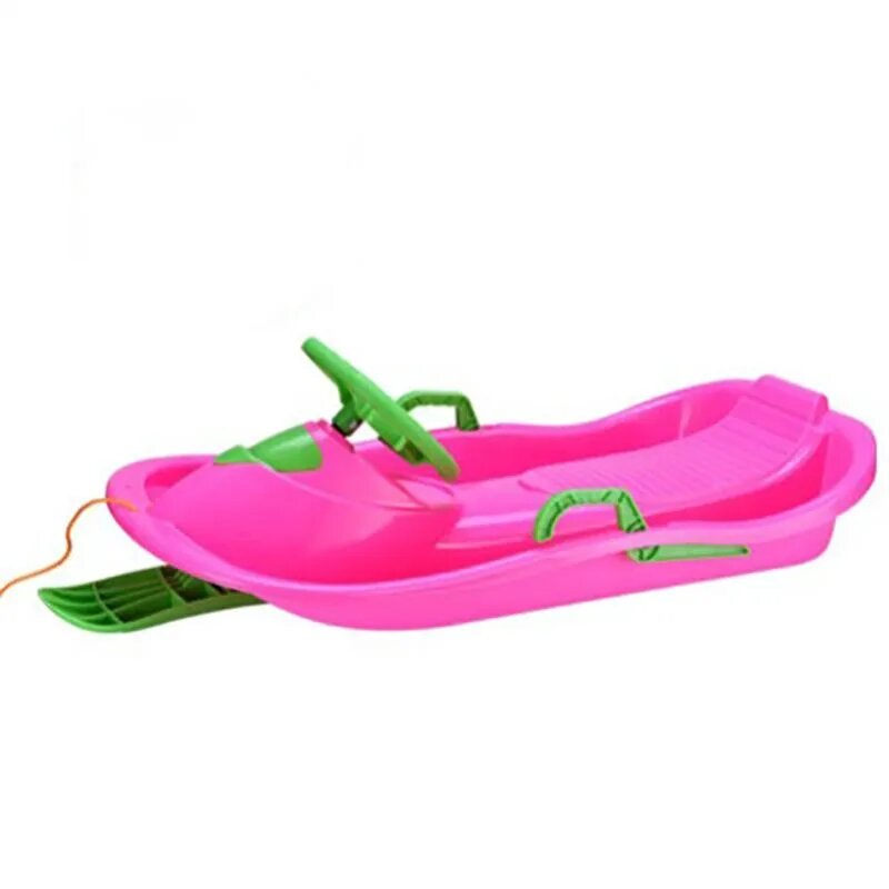 Санки рыбацкие детские пластиковые розового цвета с рулем и лыжами для катания по снегу
