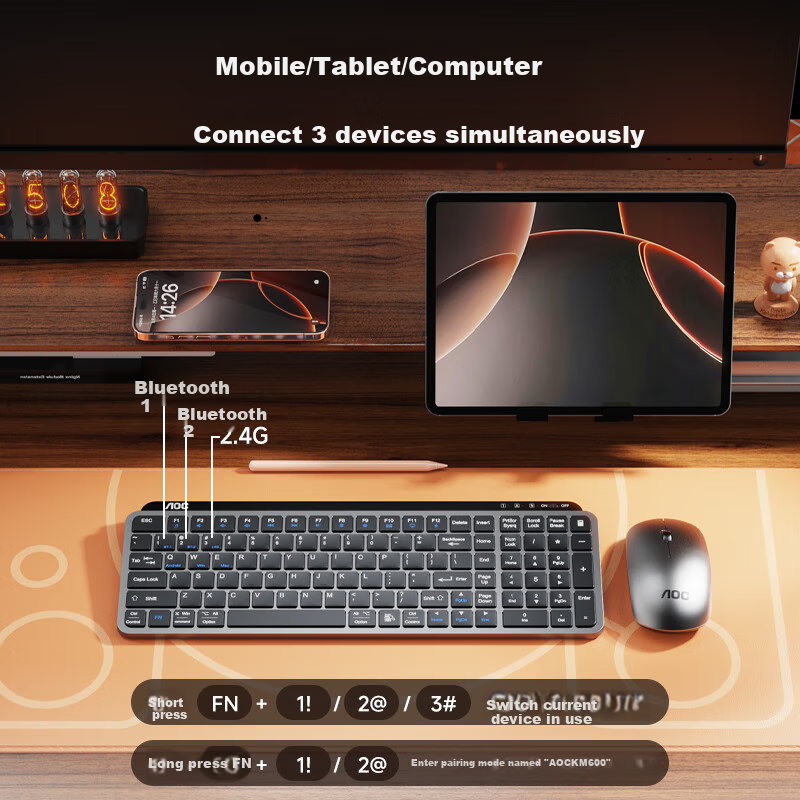 AOC KM600 беспроводная Bluetooth клавиатурно-мышиный комплект с двойной зарядкой, структурой переключателя с