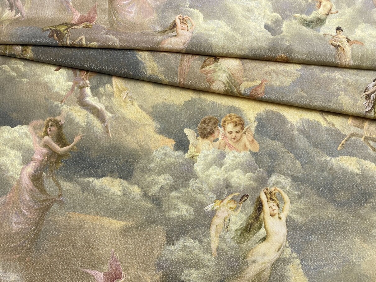 Ткань Муслин оливкового цвета с принтом ангелы 14463