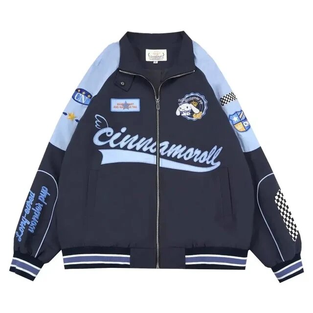 Куртка-гонщица Sanrio Cinnamoroll Kuromi Biker Coat Racer Jacket My Melody Cartoon Kawaii Female Loose Weave Windproof Couple Y2k