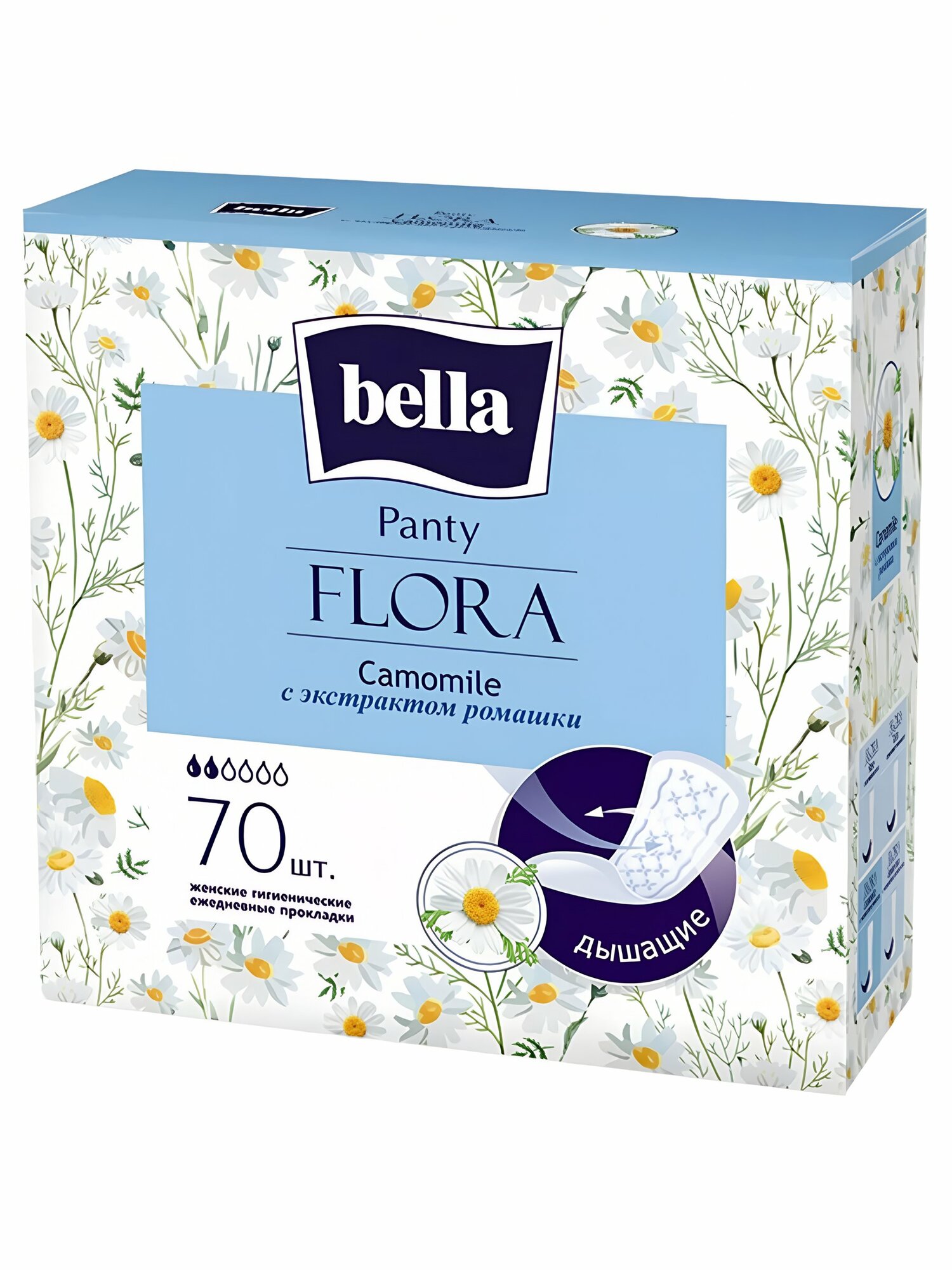 Прокладки женские ежедневные Bella Panty Flora Camomile с экстрактом ромашки, 70 штук, без крылышек, 15 см, 2 капли