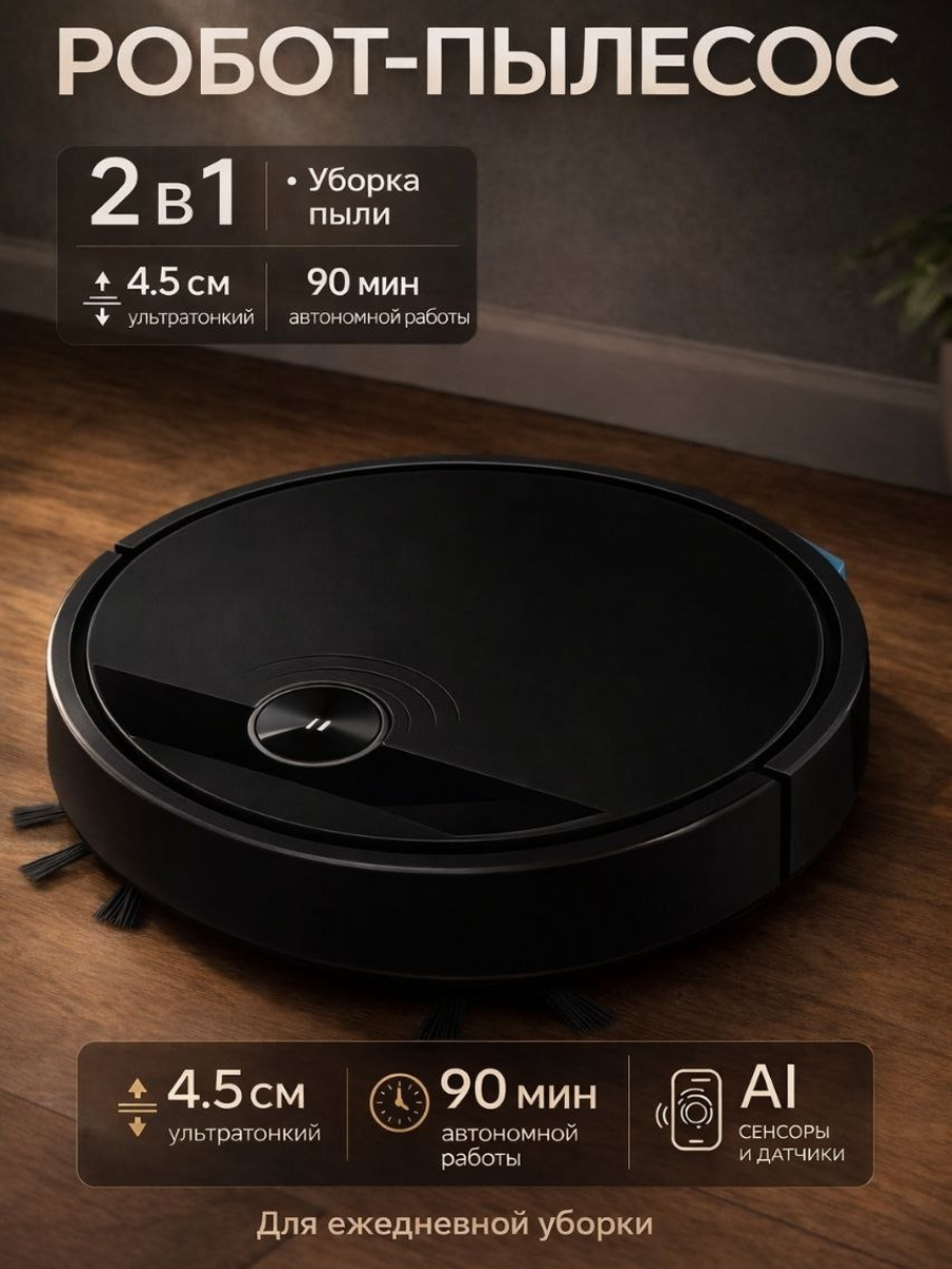 Робот-пылесос 2000 мАч, RU версия, сухая и влажная уборка, пульт ДУ, датчики высоты, черный