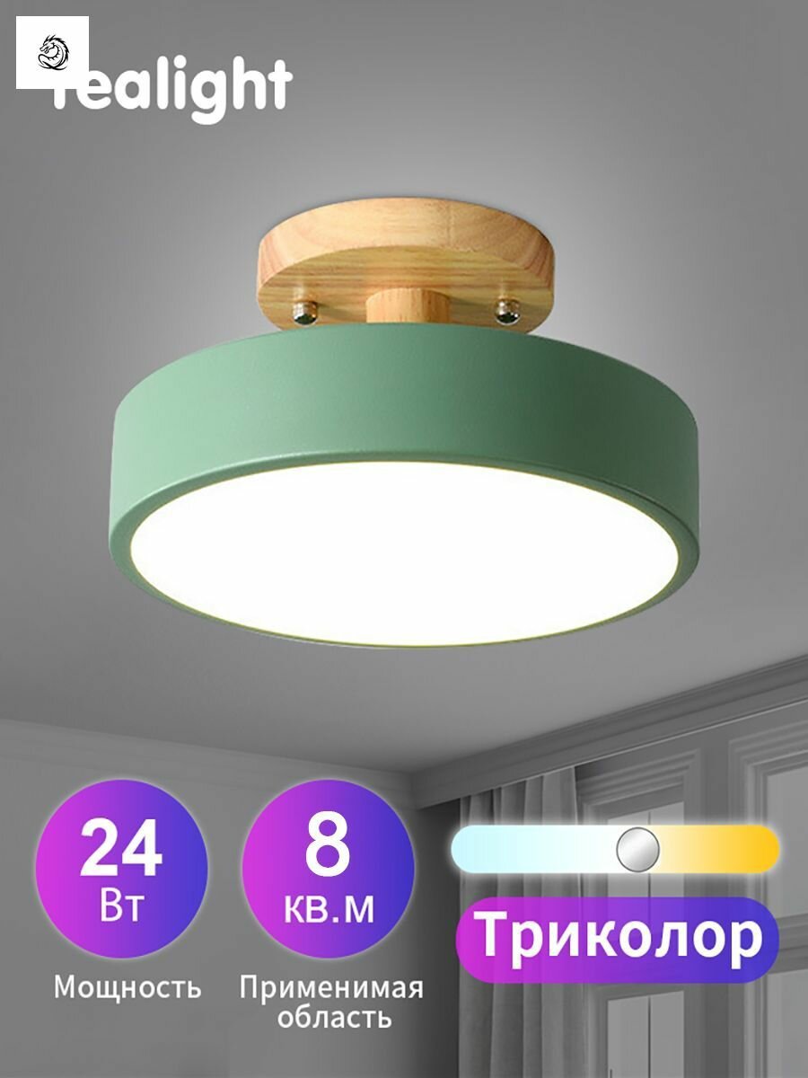 Потолочный светильник светодиодный с тремя цветами света (3500K/4500K/6500K): зеленый акцент, для натяжных потолков, 24W
