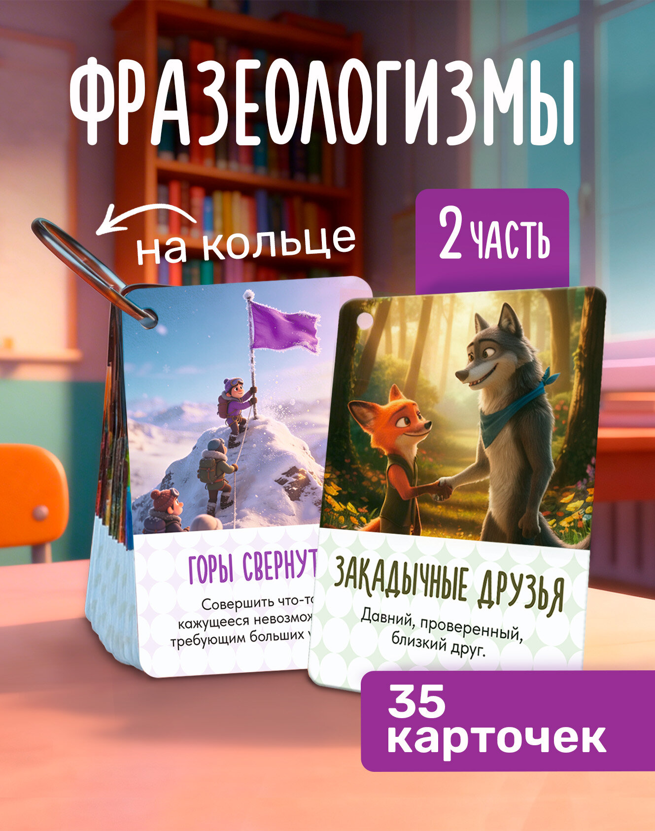 Набор карточек «Фразеологизмы» №2, 35 штук, на кольце, ламинированные