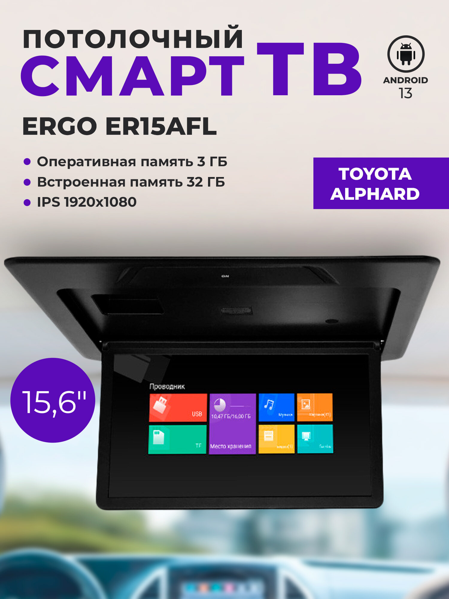 Потолочный Смарт ТВ 15,6" ERGO ER15AFL для Toyota Alphard (1920x1080, Android) чёрный