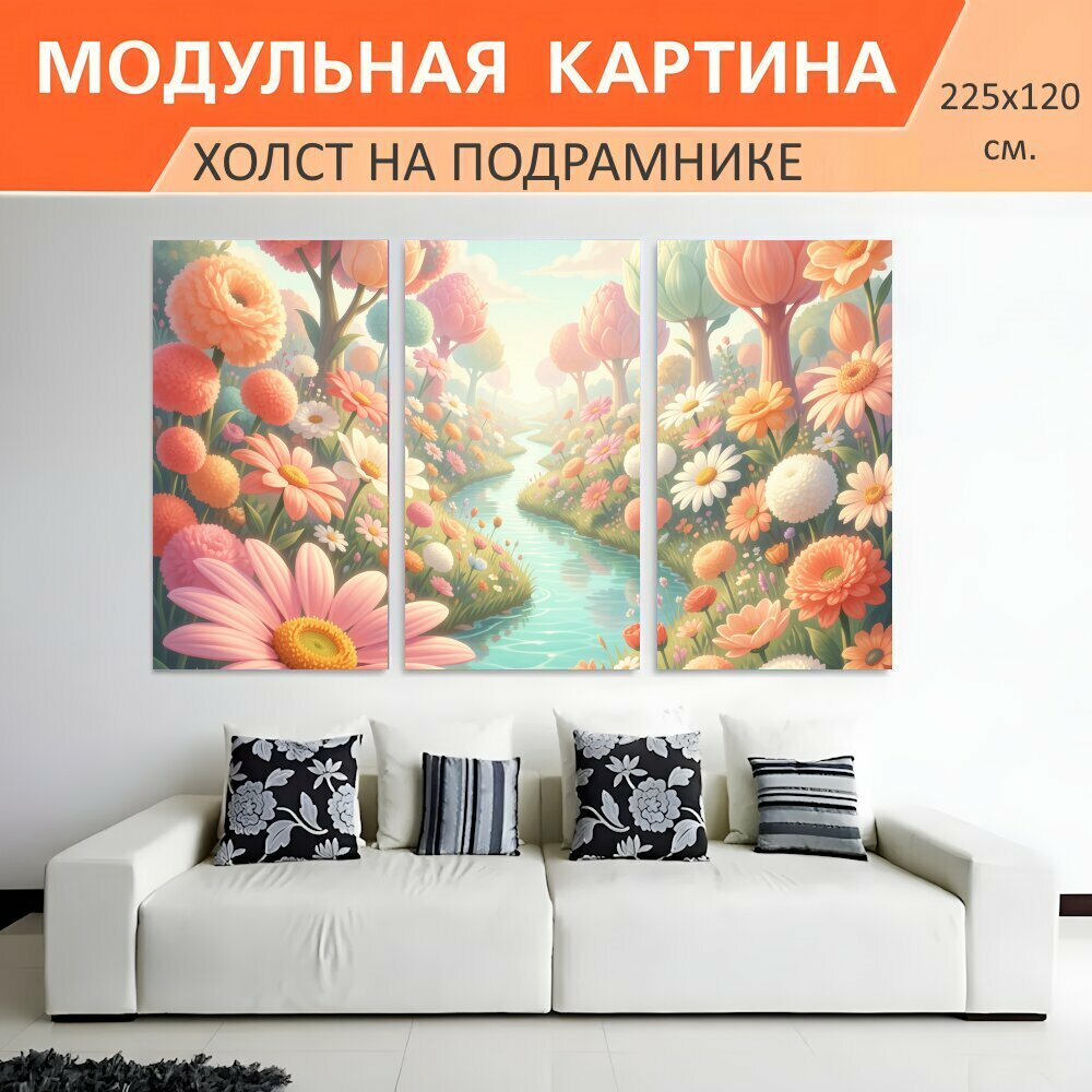 Модульная картина на холсте "Сказочный цветочный сад у ручья. Фантазийный весенний пейзаж с нежными бутонами, ромашками и крупными." триптих на подрамнике 225х120 см. для интерьера