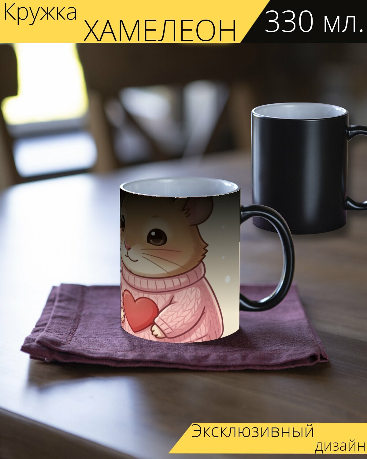 Кружка хамелеон с принтом "Две милые мышки с сердцами. Нежная мультяшная иллюстрация с парой пушистых грызунов в уютных вязаных свитерах, держащих сердечки. Теплые." 330 мл.