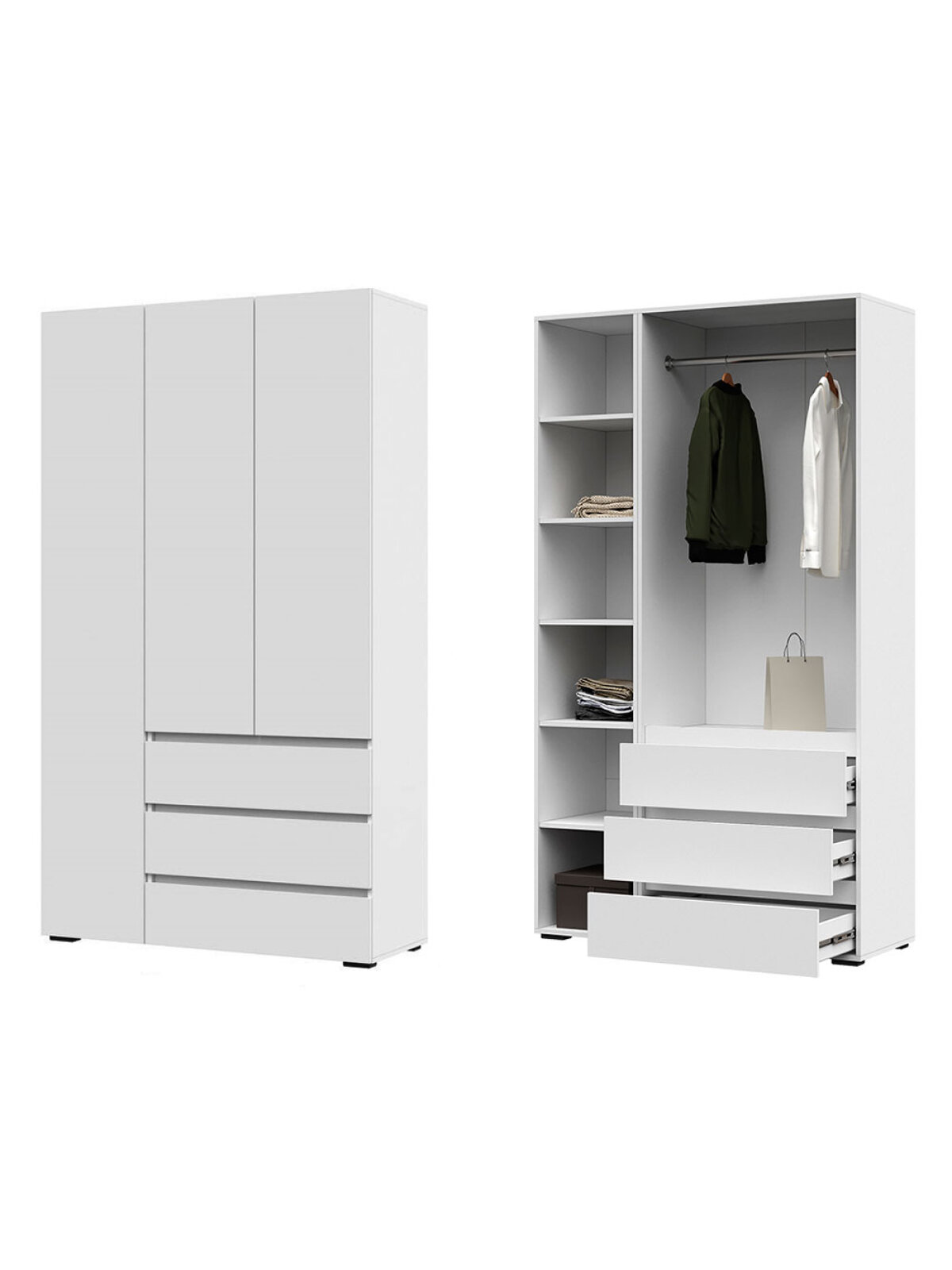 Шкаф белый 3-х створчатый с ящиками "Хелен ШК 06" Huge Mebel. Ширина 1200 Высота 2080. Шкафы распашные Huge Mebel. Ширина 1200 Высота 2080