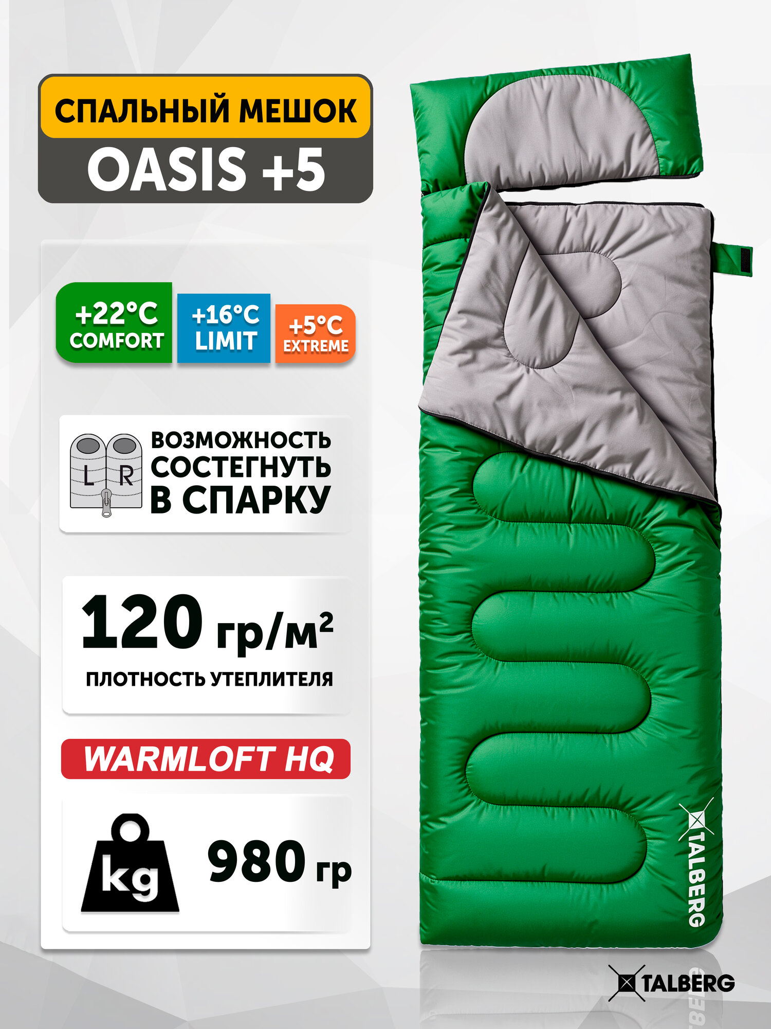 Cпальный мешок одеяло туристический Talberg OASIS +5C, зелёный, правый