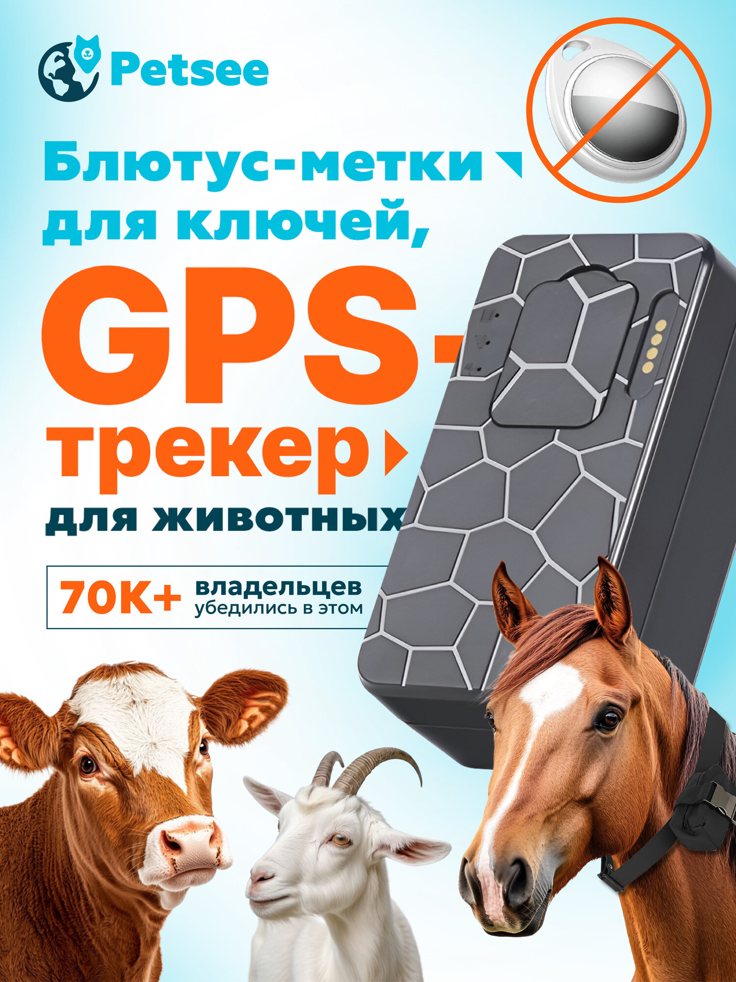 GPS трекер для КРС и других животных (коров, лошадей, овец) с датчиком движения, связь 4G