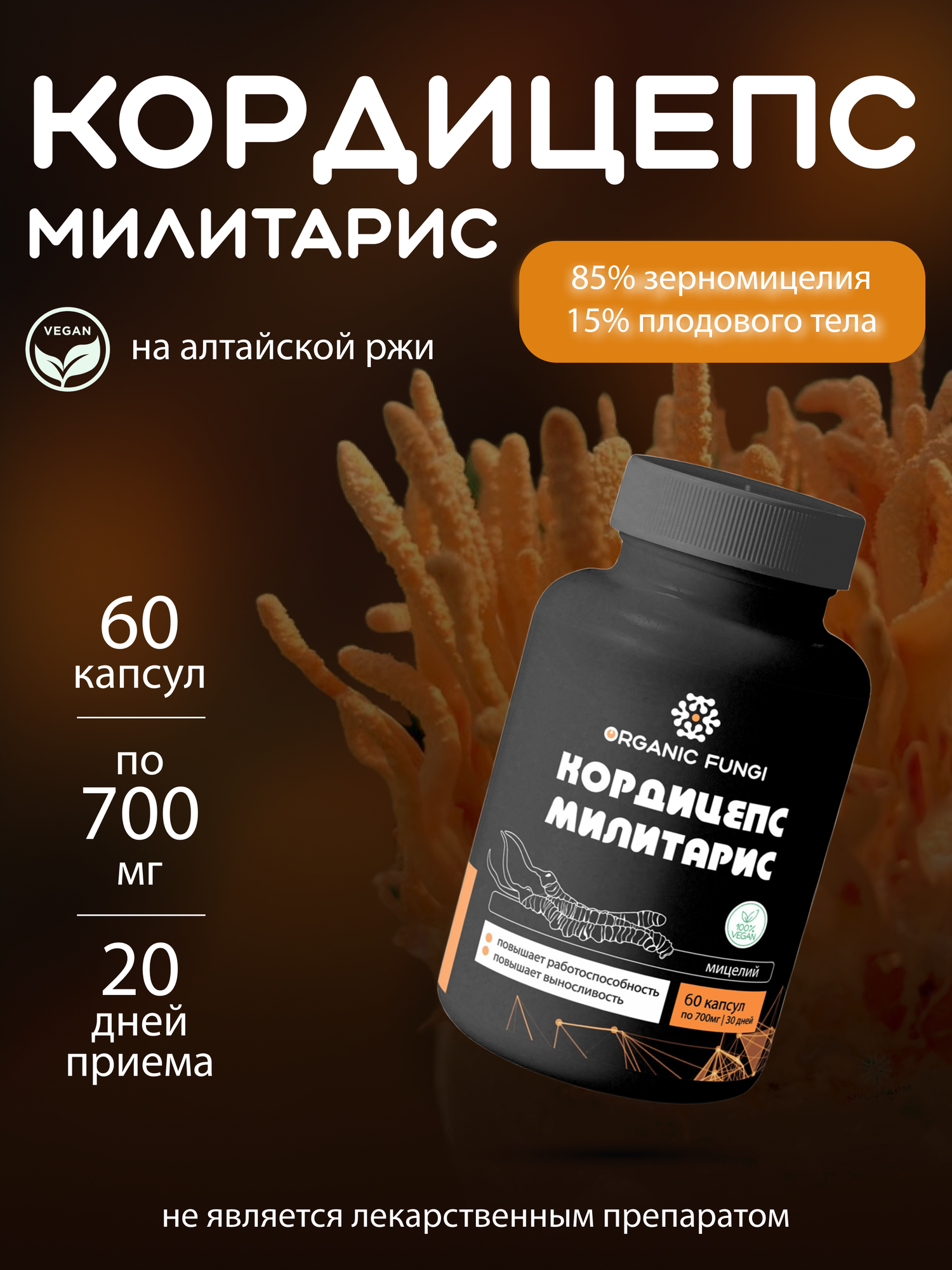 Кордицепс военный Organic fungi, на алтайской ржи, 60 капсул, 700 мг