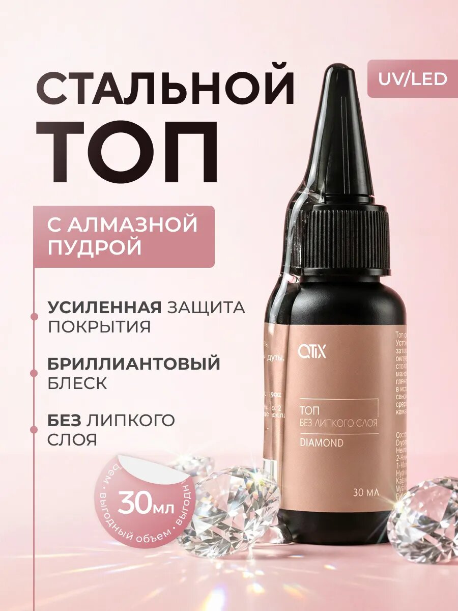 Топ для маникюра QTiX Diamond, без липкого слоя, глянцевый, защита, укрепление