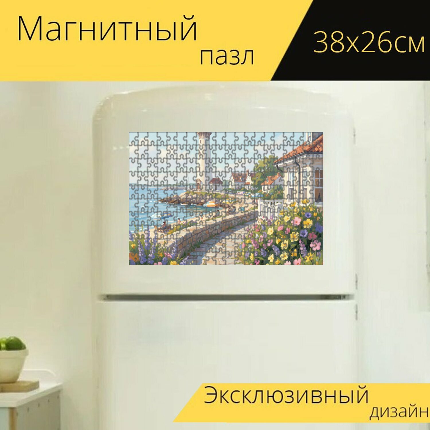 Магнитный пазл "Маяк у морского берега. Солнечный прибрежный пейзаж с высокой башней навигации, уютными домиками, цветущими клумбами и спокойной водой." для интерьера, 38х26 см.