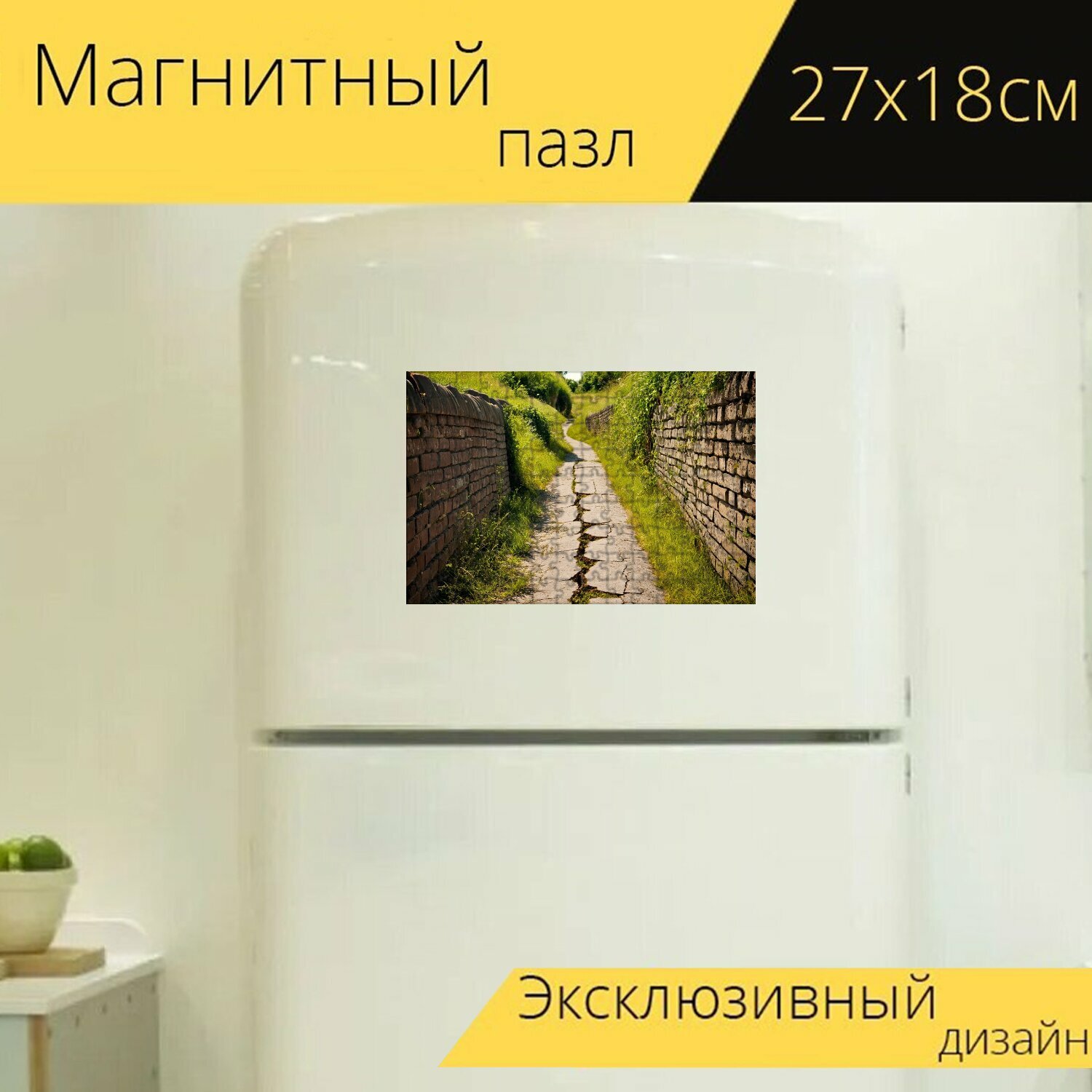 Магнитный пазл "Узкая старая дорога, покрытая трещинами и заросшая травой. стены из старого кирпича, окружённые дикими растениями, создают атмосферу." на холодильник 27 x 18 см.