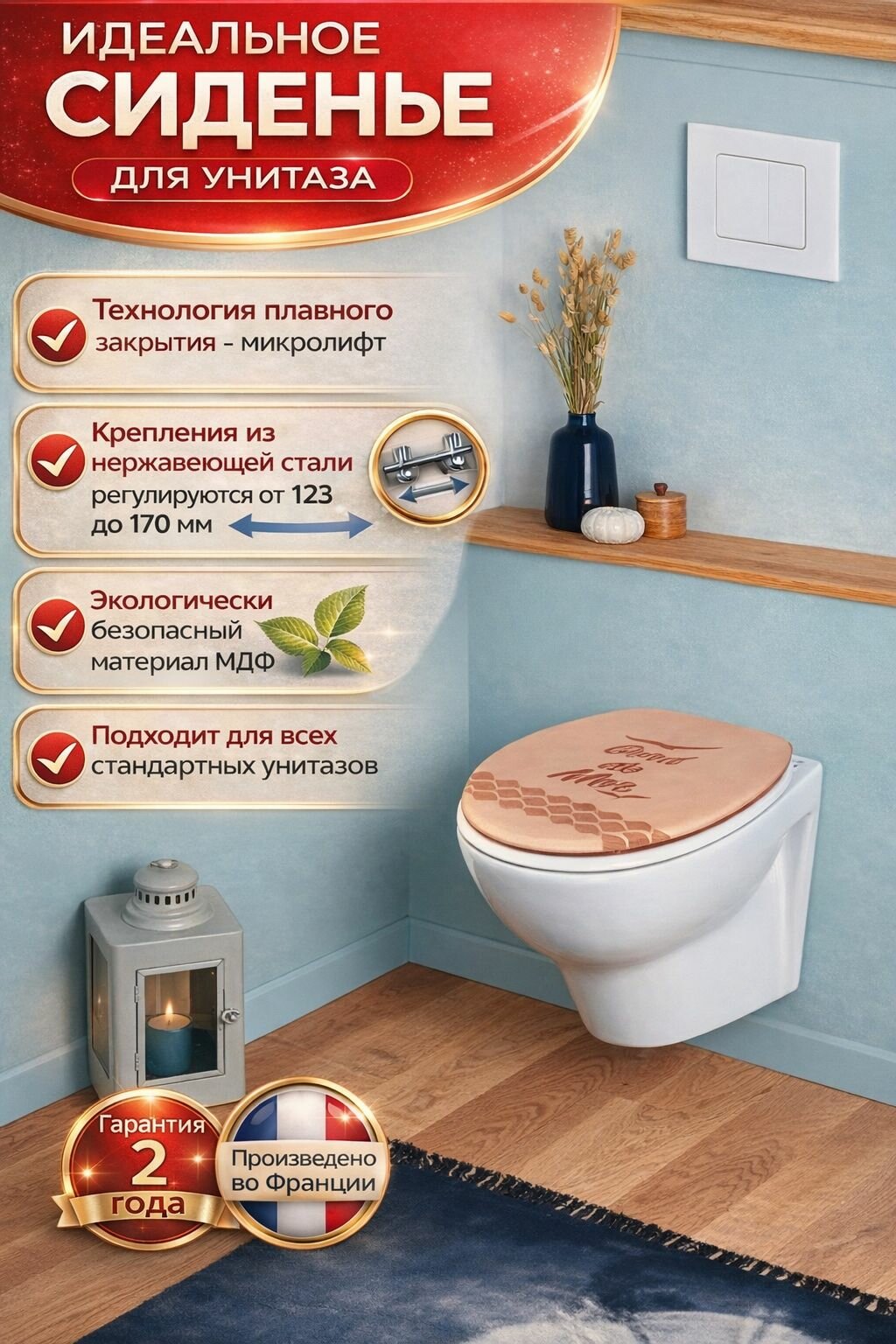 Крышка сиденье для унитаза WIRQUIN морской берег микролифт материал МДФ крепления нержавеющая сталь