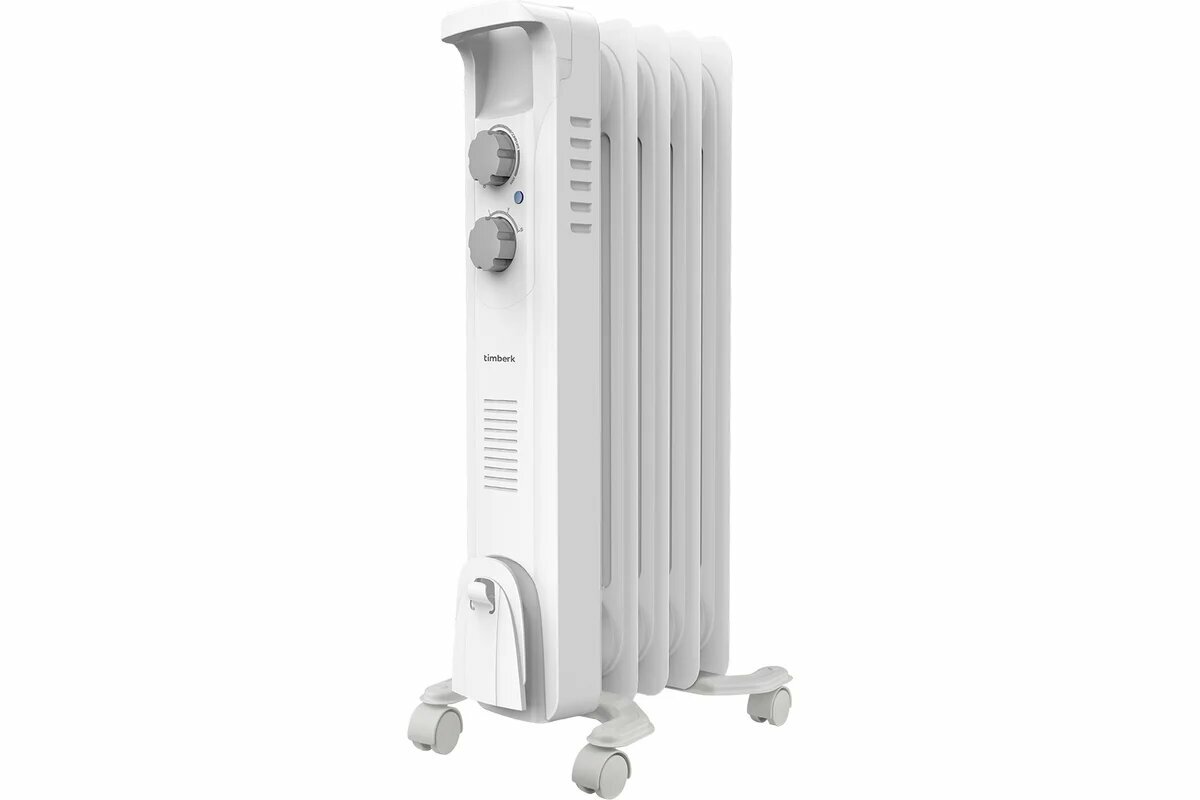 Масляный электрический радиатор TIMBERK 1000 TOR 21.1005 BC, напольный, 5 секций, механическое управление, цвет белый