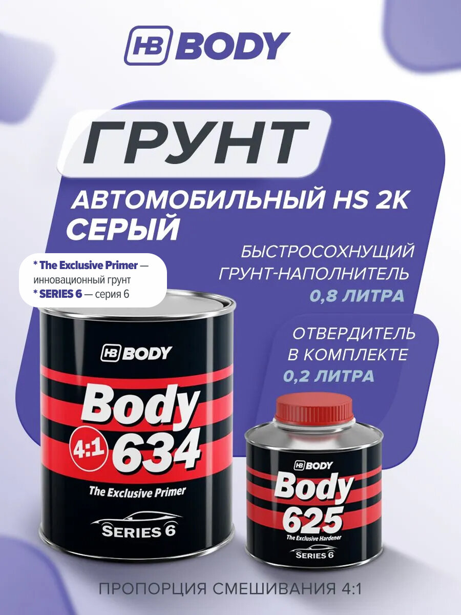 Грунтовка для автомобиля 2K HS 4+1 серая 0,8 л + 0,2 л отвердитель, акриловая изолирующая / HB BODY 634 + HB BODY 625