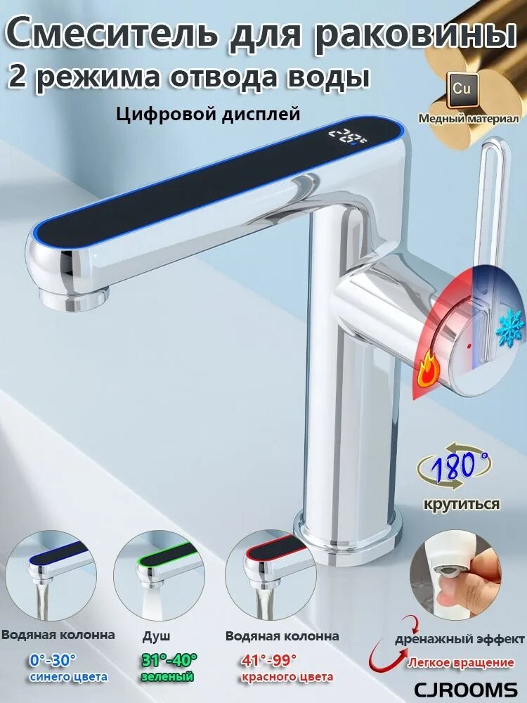 Ированный смеситель для раковины с 2 режимами, цифровым дисплеем и цветной подсветкой температуры, Хром