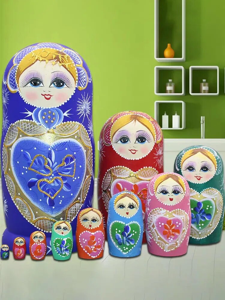 Матрешка Деревянная 10 Штук, русская, ручная роспись, синяя, сердце