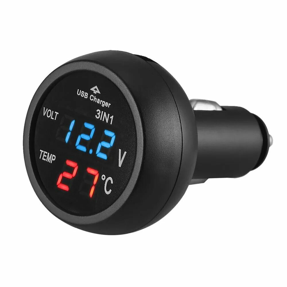 Универсальный USB-вольтметр-термометр 3-в-1 для авто, 12/24 В, синий LED-дисплей
