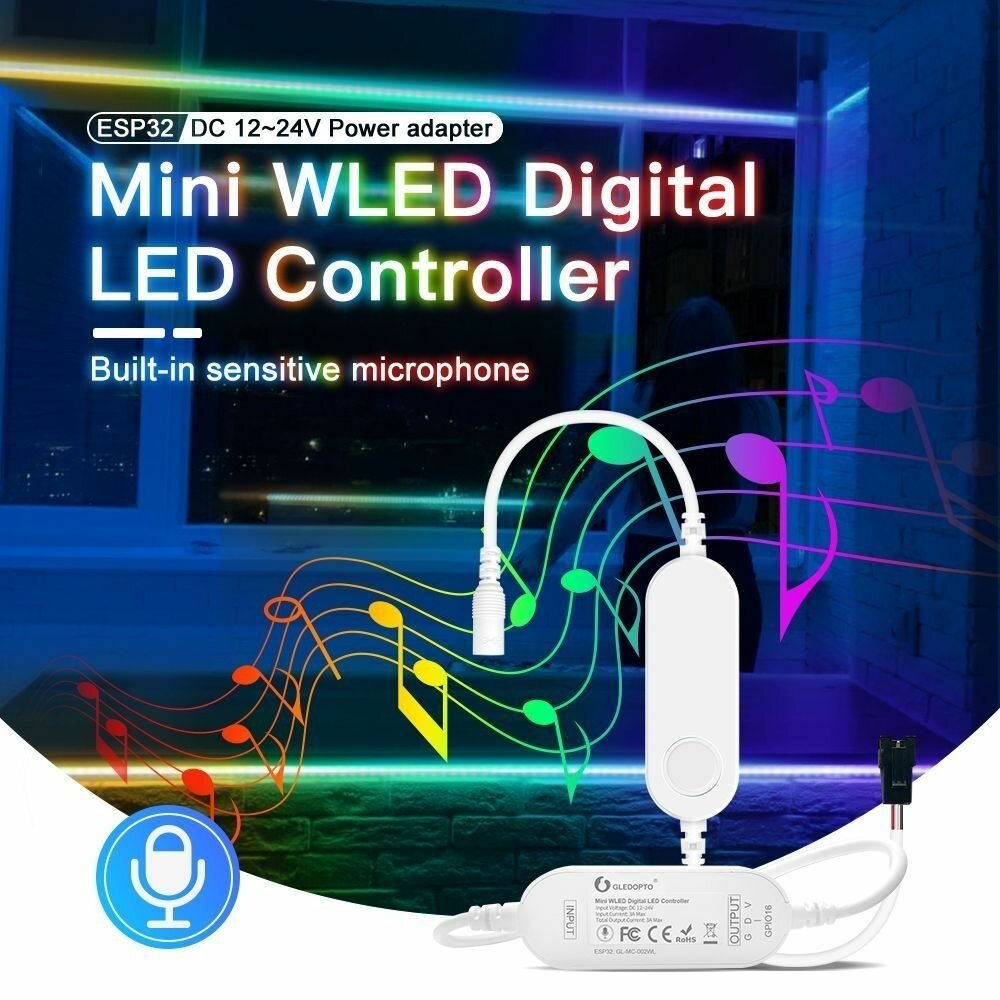 Мини-светодиодный контроллер GLEDOPTO WLED ESP32, 12-24V постоянного тока, RGB IC Цифровой с динамическим режимом звучания микрофона, WS2811 WS2812 WS2812b SK6812 WS2815