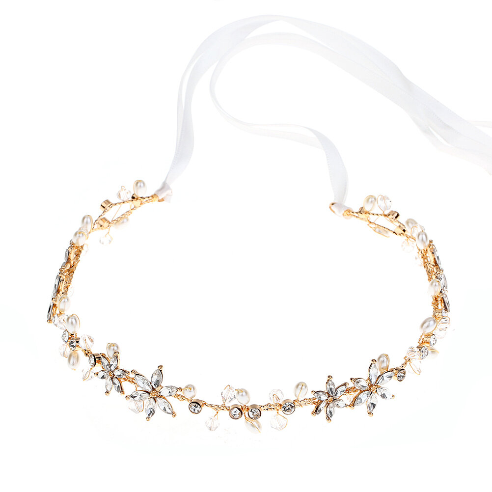 Свадебные аксессуары для невесты: цветы со стразами, пояс для свадебного платья ручной работы с жемчугом (золотой пояс с атласной лентой длиной 1 метр).