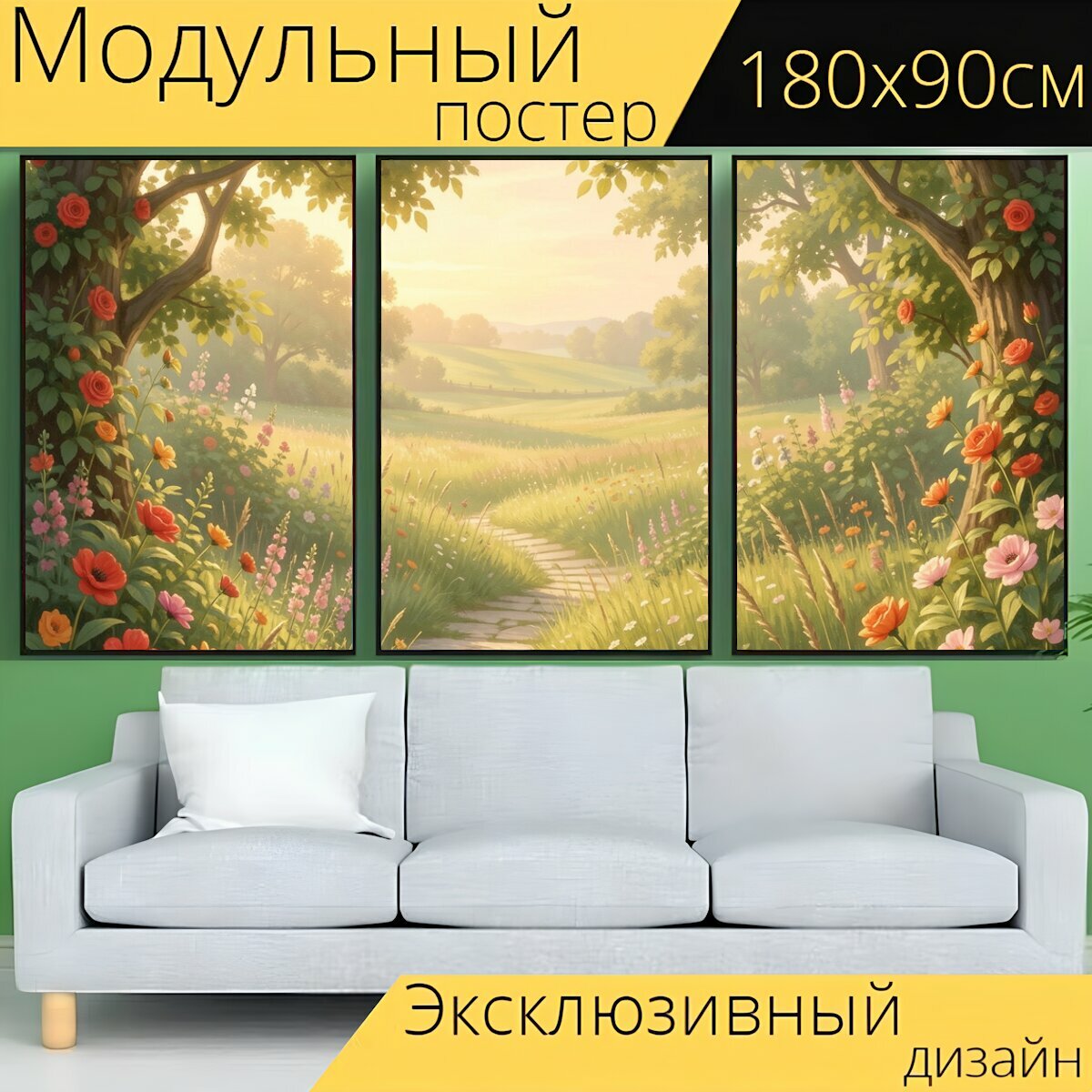 Модульный постер "Цветочная тропинка в солнечном саду. Уютная летняя аллея среди раскидистых деревьев и пышных луговых цветов, мягкий." 180 x 90 см. для интерьера на стену в тубусе