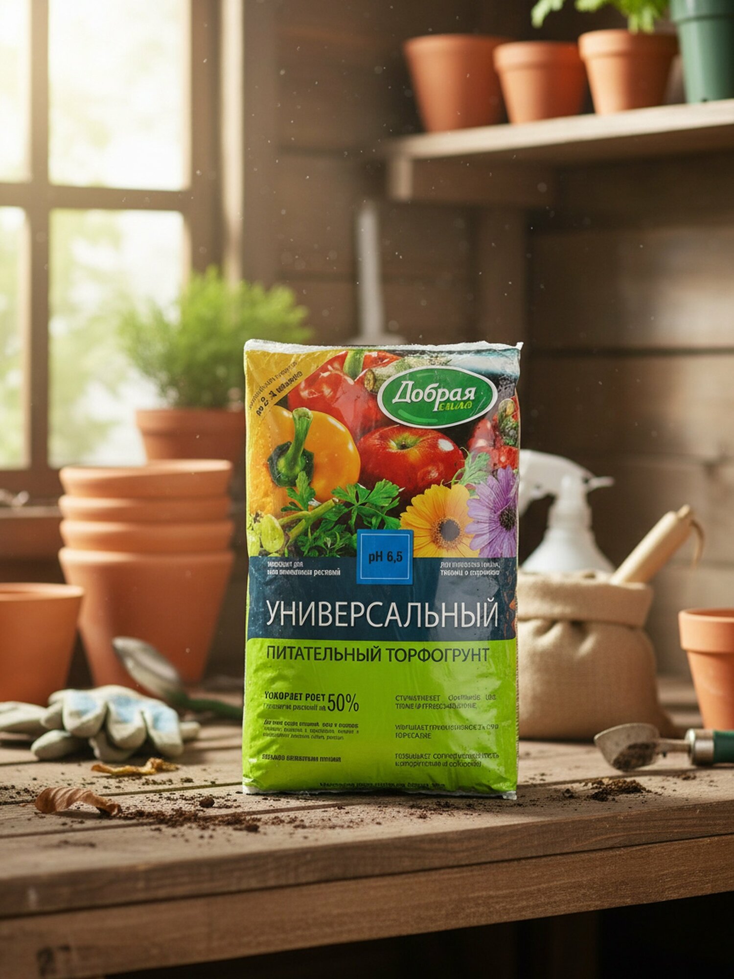 Грунт универсальный Добрая сила 5 л для рассады, овощных, плодовых и цветочных культур, слабокислый торфяной субстрат.