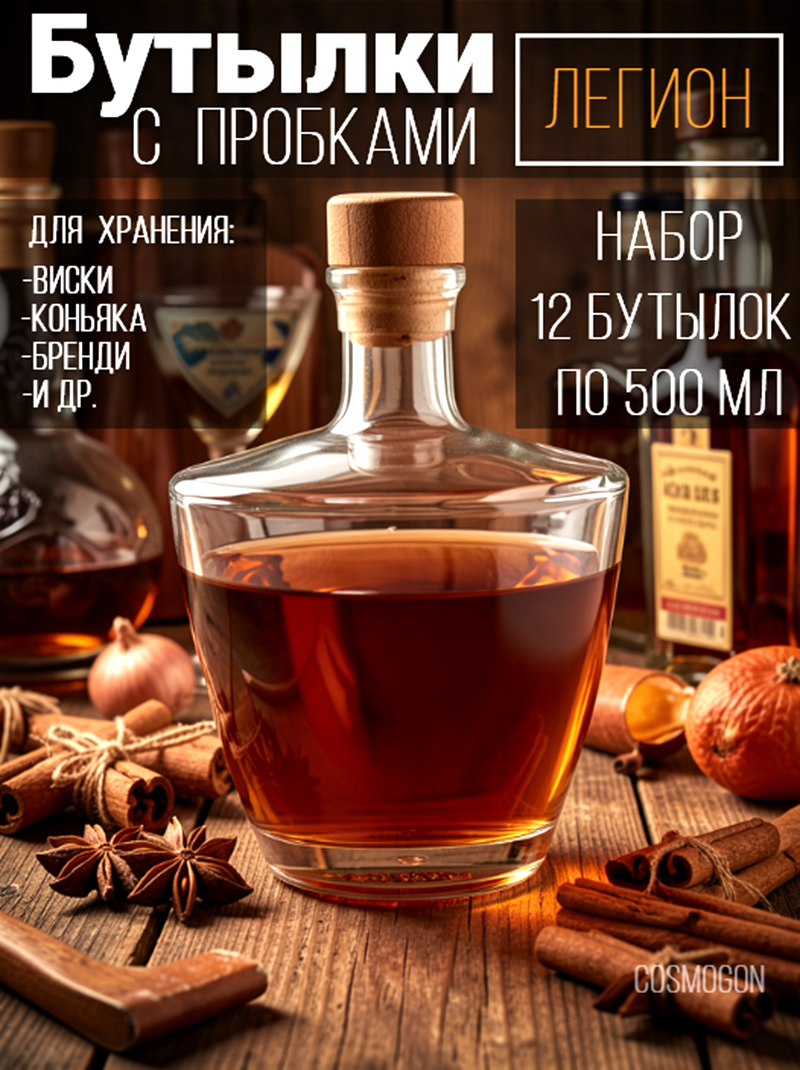 Бутылка стеклянная 0.5л с пробками для виски, самогона легион 12шт (ПТ)