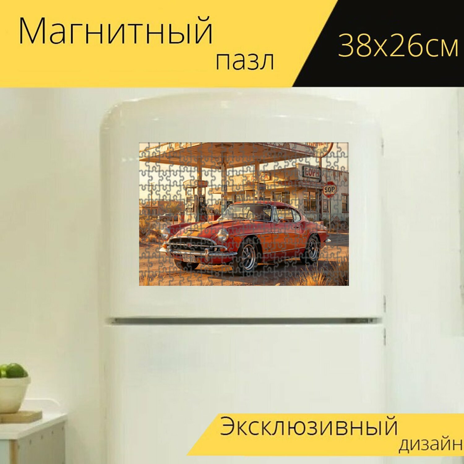 Магнитный пазл "Ретро автомобиль у заправки. Винтажное красное купе на фоне старой бензоколонки и придорожного сервиса в пустыне. Теплый закатный свет." для интерьера, 38х26 см.