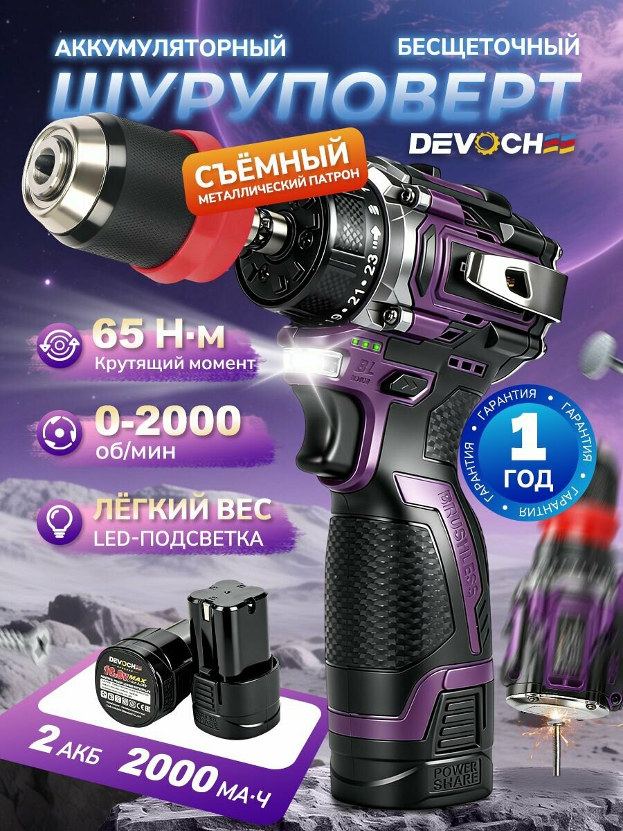 Аккумуляторный бесщеточный дрель-шуруповерт, 16.8 В, 2000 об/мин, 2 АКБ 2.0 Ач, съемный быстрозажимной патрон